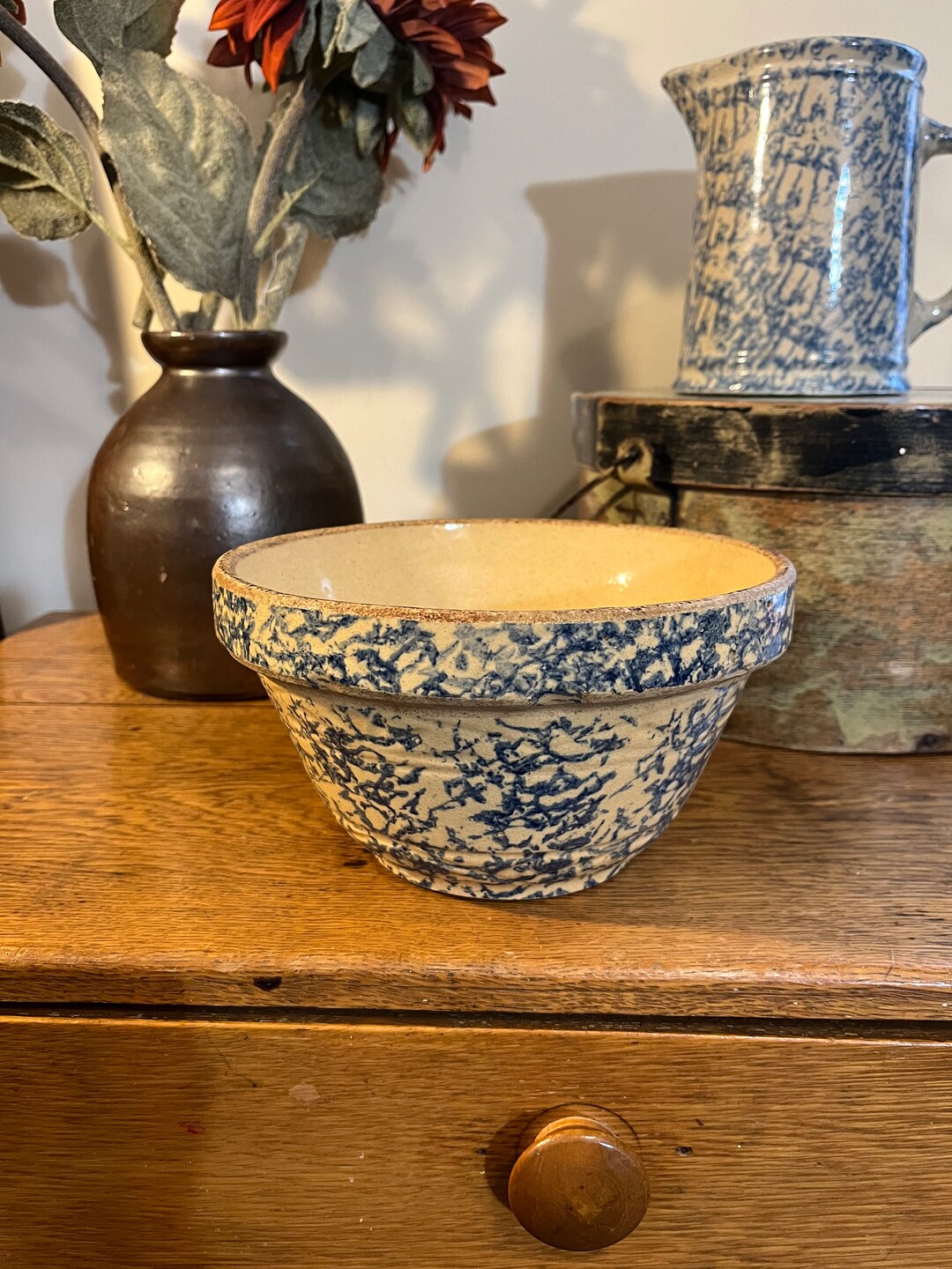 Antique Blue and White 8 Inch Spongeware Bowl - Etsy