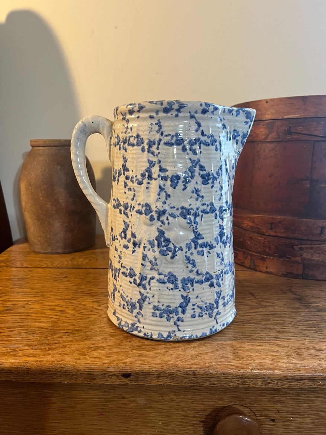 Antique Tall Blue and White Spongeware Pitcher With Design - Etsy
