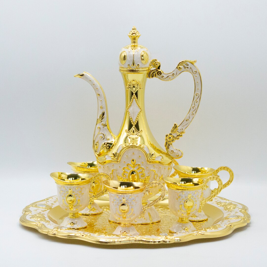 8 Pcs. Set Turkish Design White Gold Plated Coffee Tea Set - Etsy