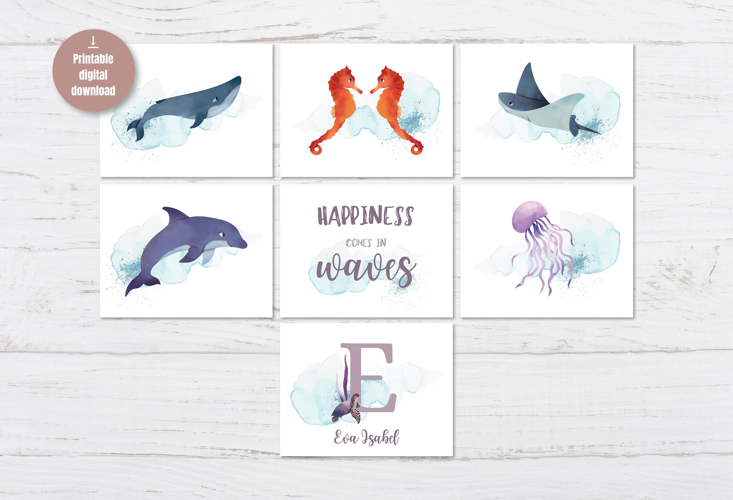 Sea Creatures Wall Art Set Printable. Personalized Name Wall - Etsy