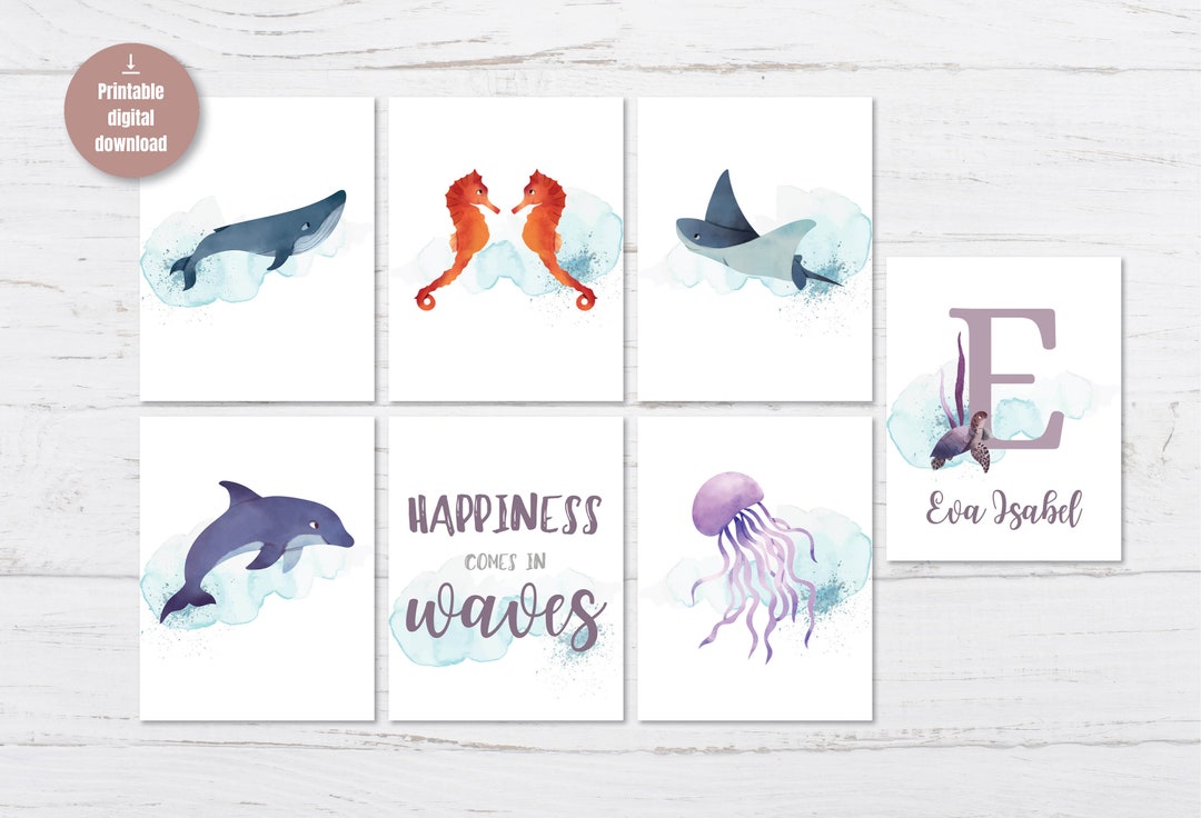 Sea Creatures Wall Art Set Printable. Personalized Name Wall - Etsy