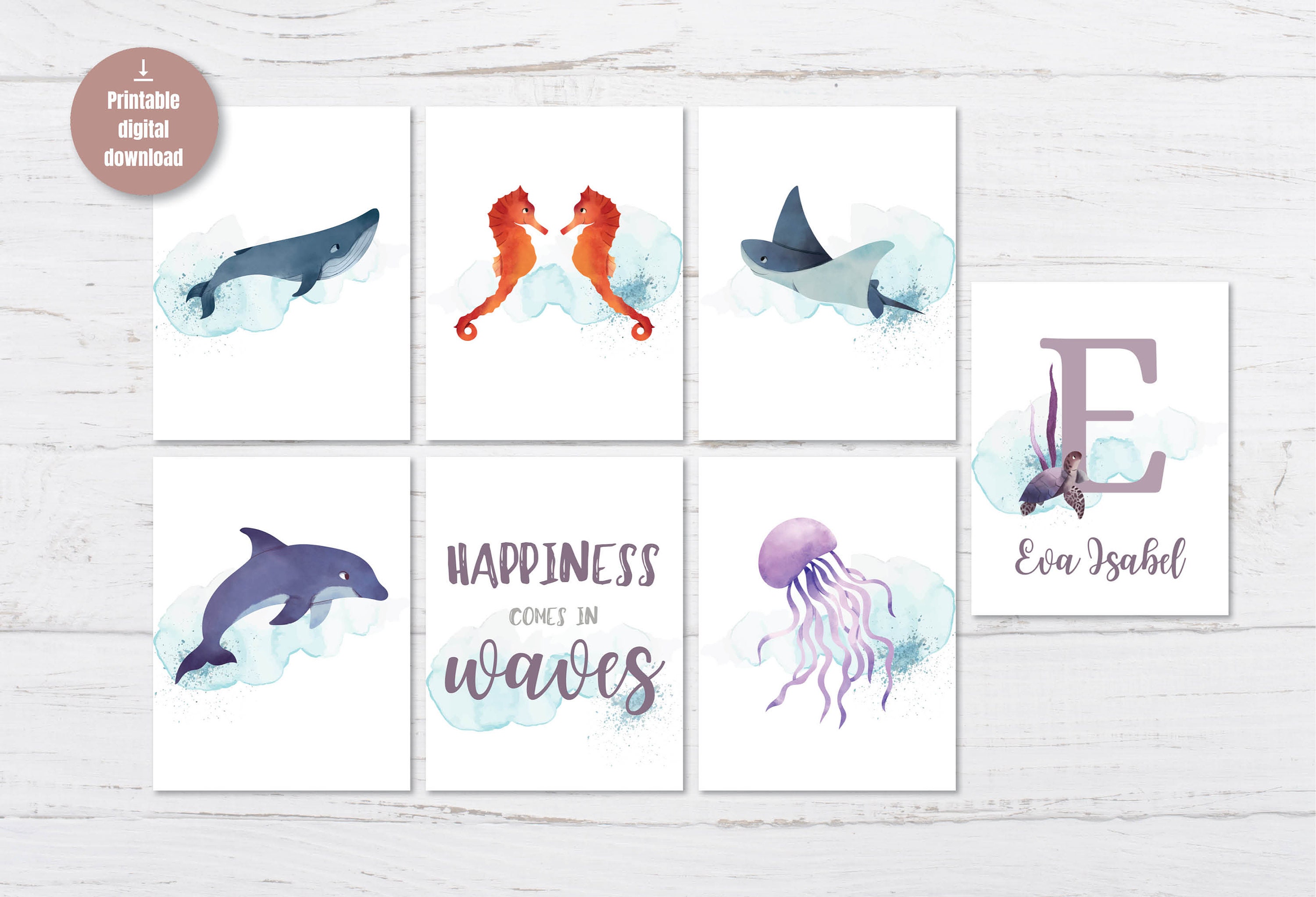 Sea Creatures Wall Art Set Printable. Personalized Name Wall - Etsy