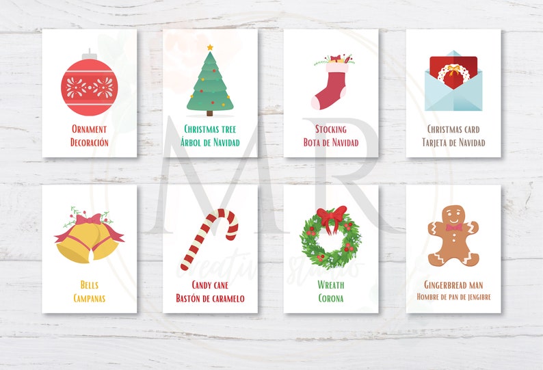 Christmas Words Printable Flashcards English and Spanish. Tarjetas De ...