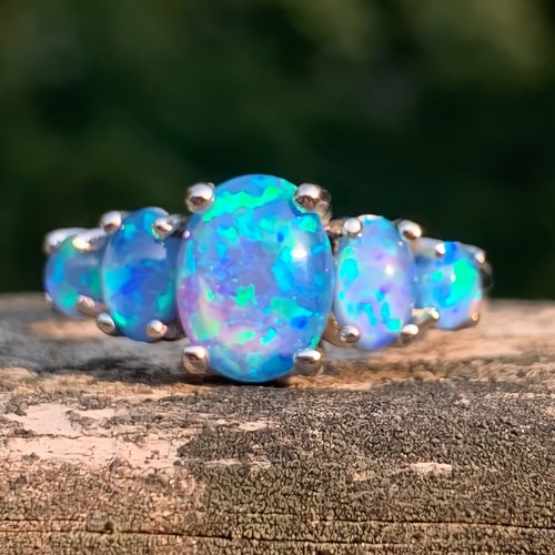 Lab Created Opal Wedding Ring in Sterling Silver Lab Opal - Etsy