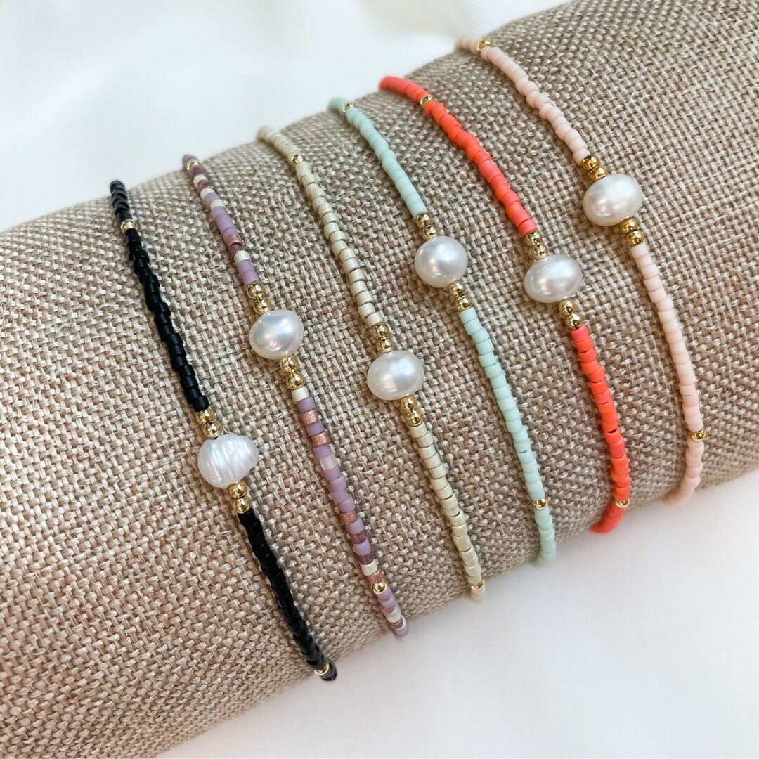 Dainty Pearl Accent Beaded String Bracelet | Fully Adjustable | Miyuki ...