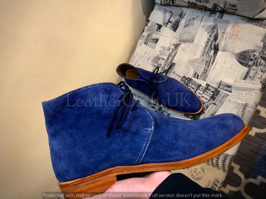Handmade Men's Genuine Navy Blue Suede Chukka Boots Handcrafted Ankle ...