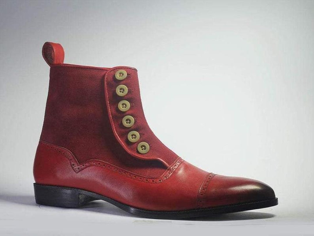 Handmade Men's Red Suede Button Boots Men's Red Leather Button Boots ...