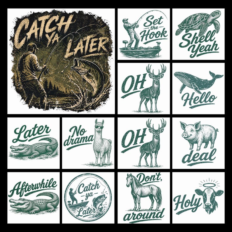 Funny Animal Pun PNG Bundle, Vintage Linocut Design, Catch Ya Later ...