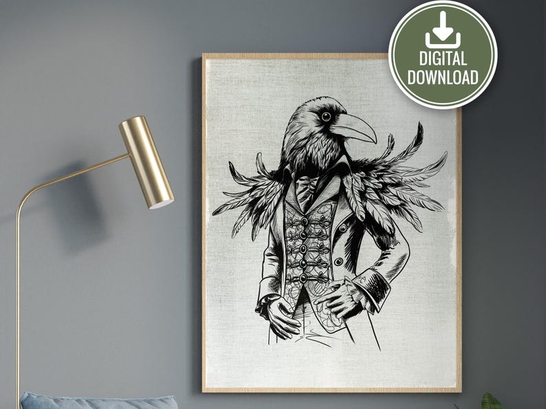 Gothic Raven Drawing, Digital Download, Vintage Style Bird Art, Wall ...