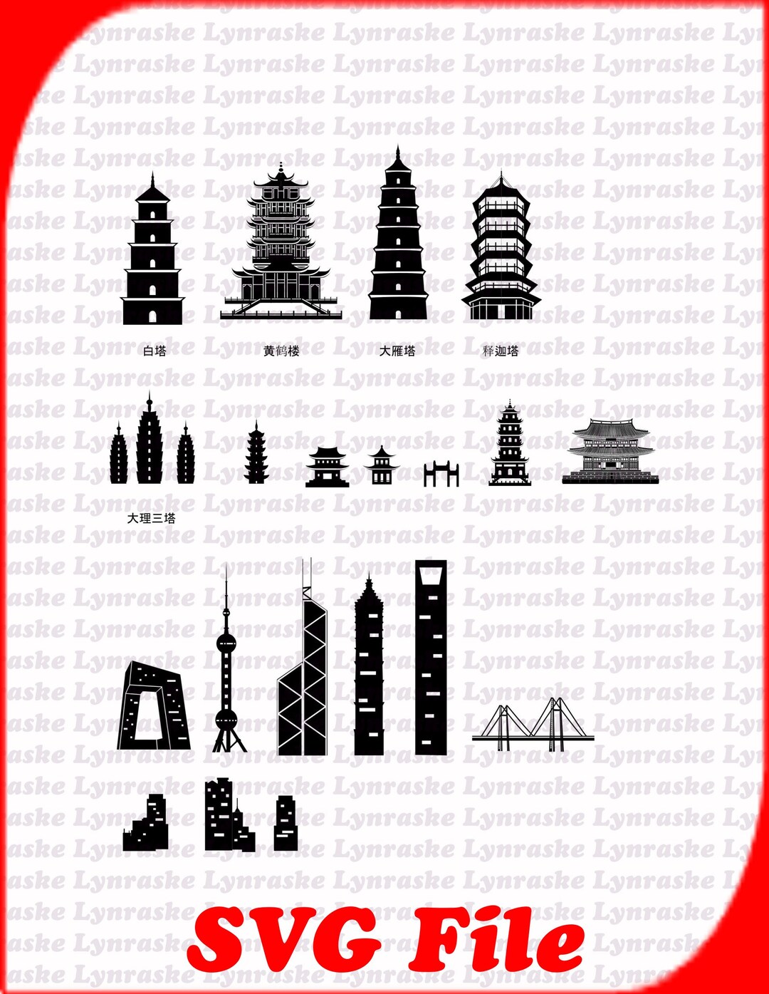 Ancient and Modern Chinese Architecture Silhouette Vectors SVG, Svg ...