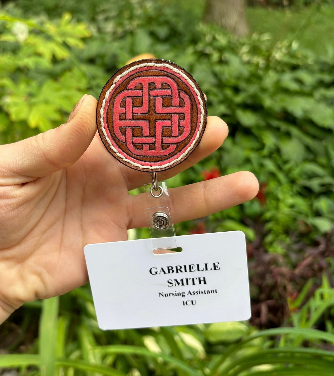 Leather Celtic Knot Hand Tooled and Painted Retractable Badge Reel - Etsy