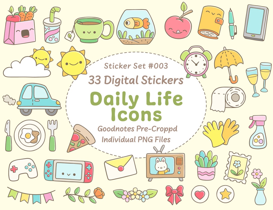 Daily Life Icons Digital Stickers Goodnotes Pre-croppd PNG Hand Drawn ...