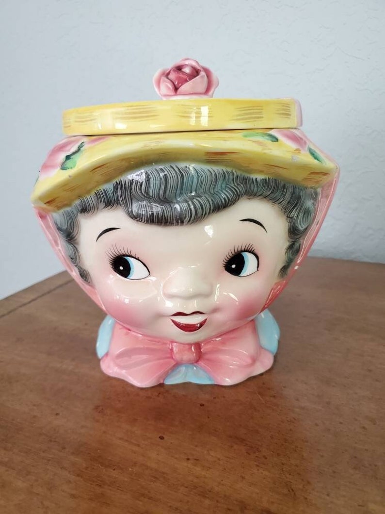 Lefton Miss Dainty Cookie Jar, Grey Hair Lady With Pink Scarf, Vintage ...