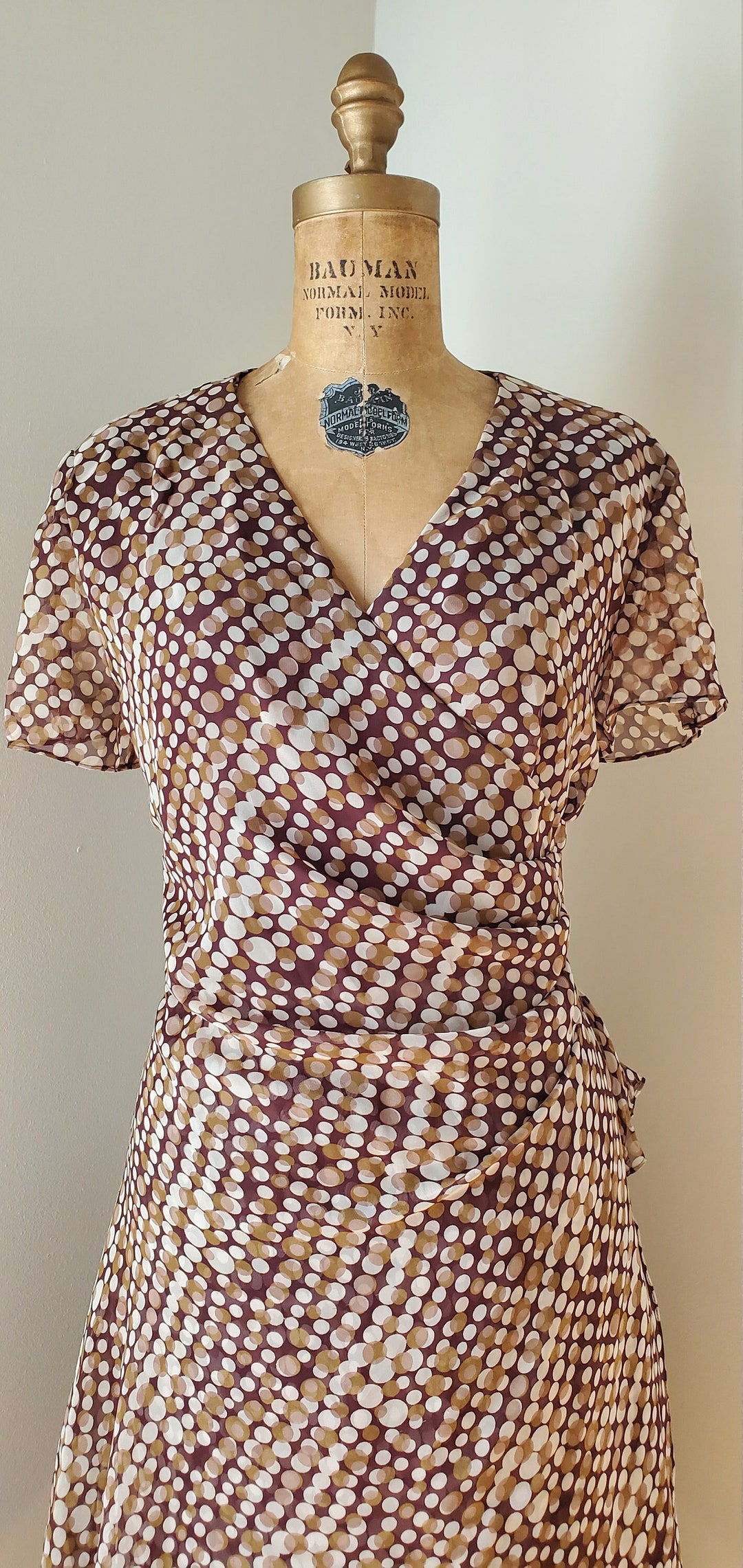 Vintage 1990's Dress - 90'sy2k JBS LTD Brown Polka Dot Dress Wrap Dress ...