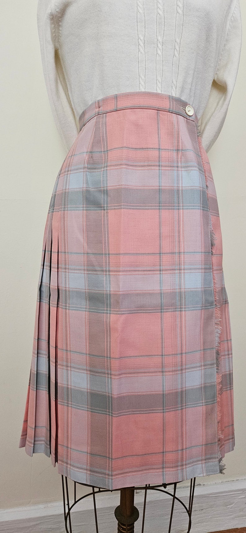 Vintage 1980's Skirt 80's Pink Pleated Plaid Fringe Scottish Skirt Made ...