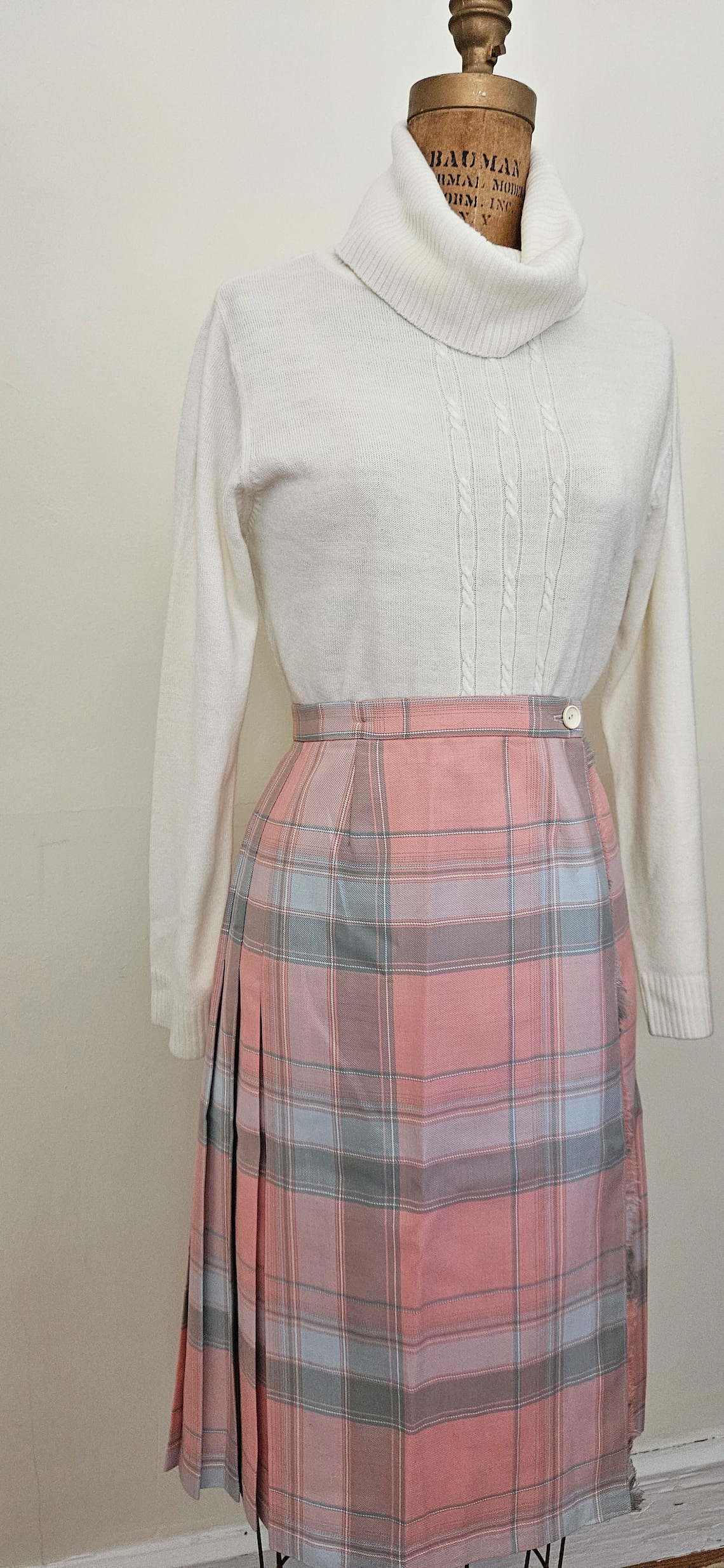 Vintage 1980's Skirt 80's Pink Pleated Plaid Fringe Scottish Skirt Made ...