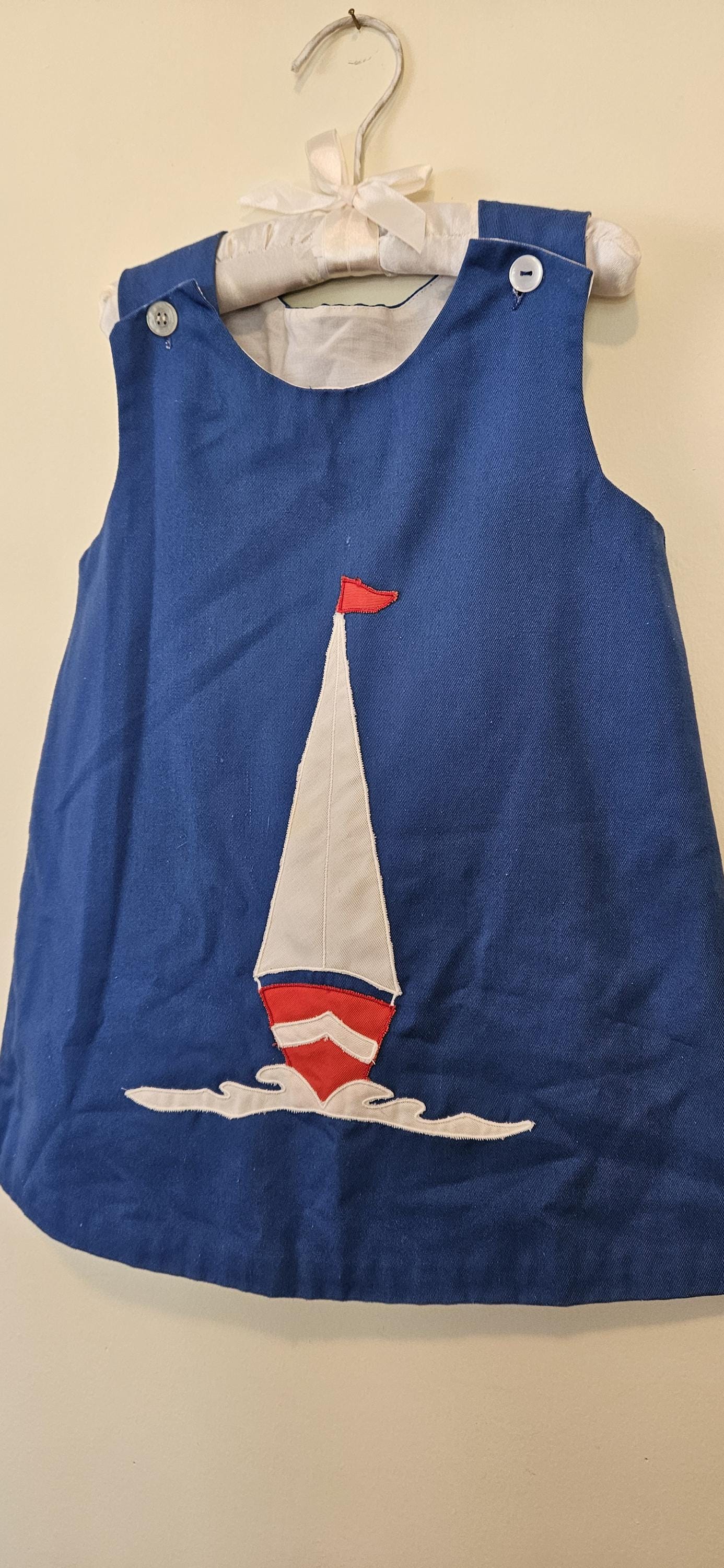 Vintage Girls Sailboat Shift Dress Size 3T Navy Blue Red Sailor Dress ...