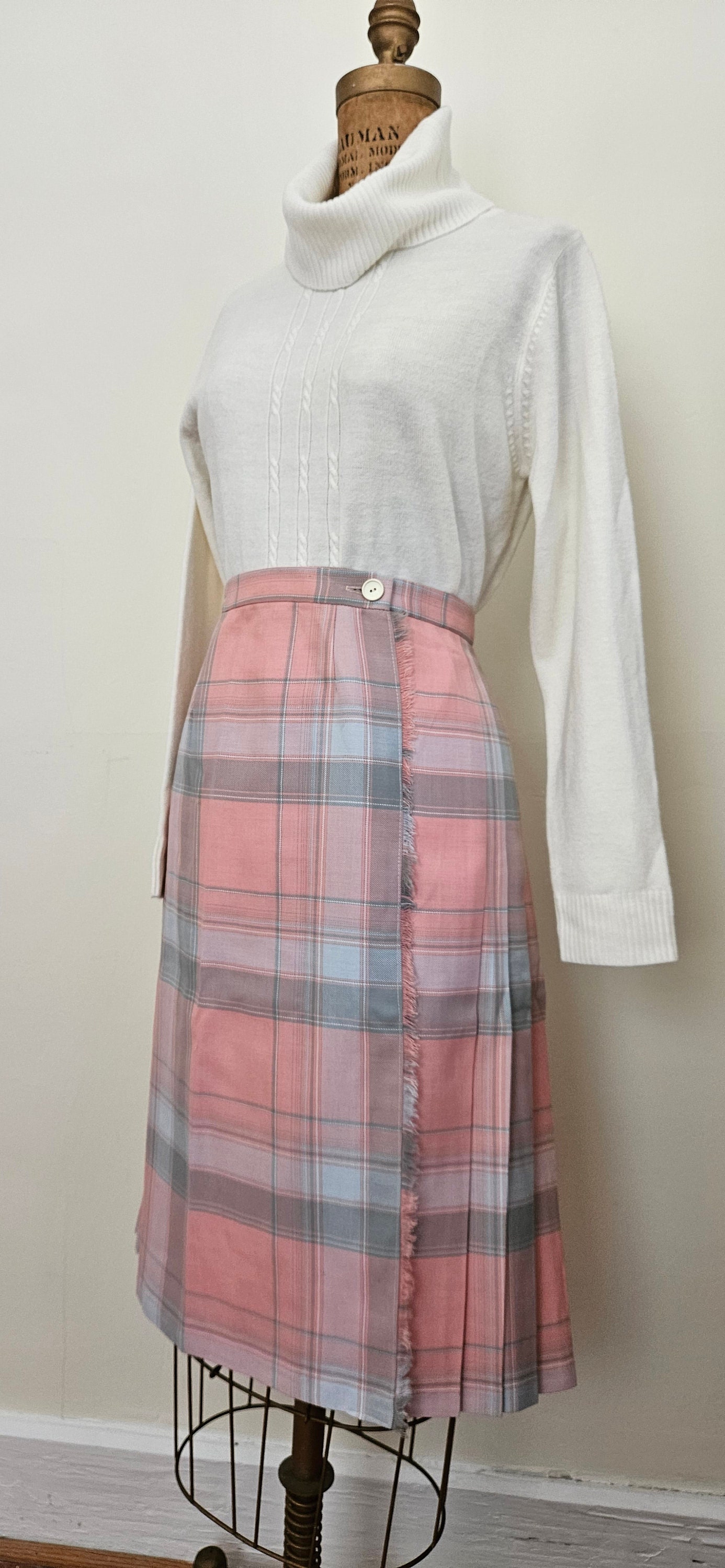 Vintage 1980's Skirt 80's Pink Pleated Plaid Fringe Scottish Skirt Made ...