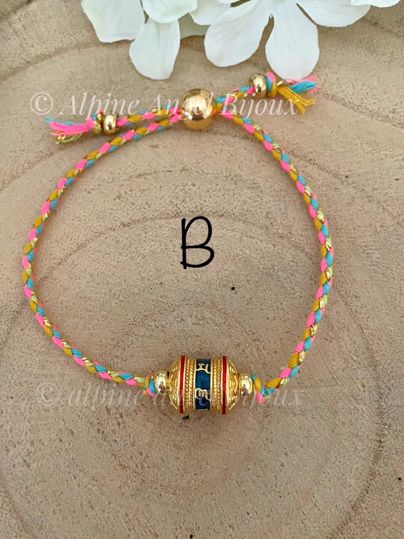 18k Gold Prayer Wheel Bracelet, Braided Cord, Tibetan Buddhist Jewelry ...
