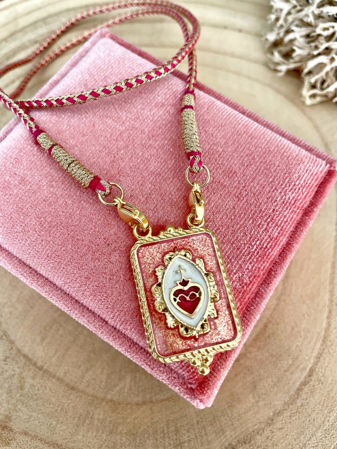 Sacred Heart Scapular, Gold Plated, Metallic Rose Gold Enamel Pendant ...