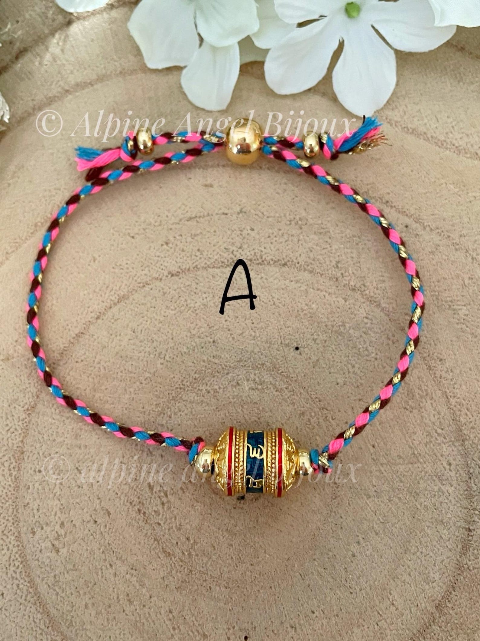 18k Gold Prayer Wheel Bracelet, Braided Cord, Tibetan Buddhist Jewelry ...