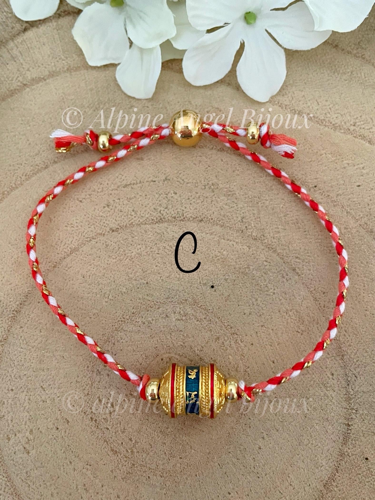 18k Gold Prayer Wheel Bracelet, Braided Cord, Tibetan Buddhist Jewelry ...