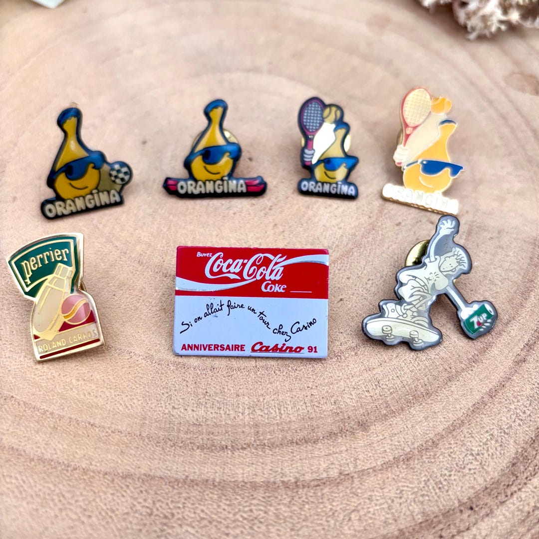 Vintage French Enamel Pin Badges Various Soft Drinks, Orangina, Coca ...