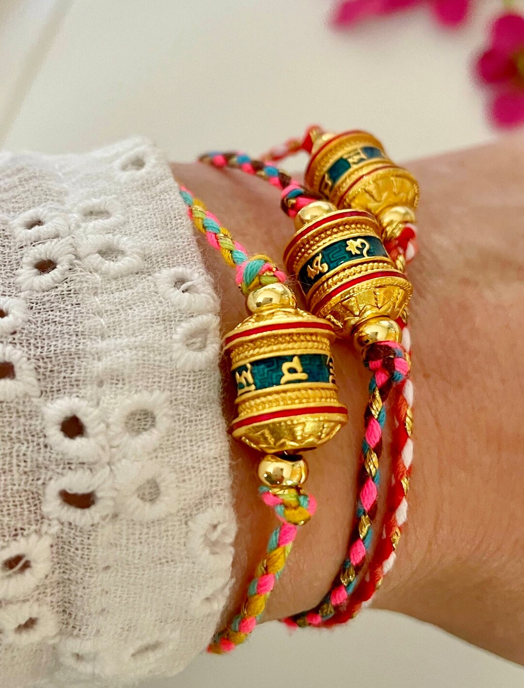 Braided Cord Bracelet With 18k Gold Plated/blue Tibetan Buddhist Prayer ...