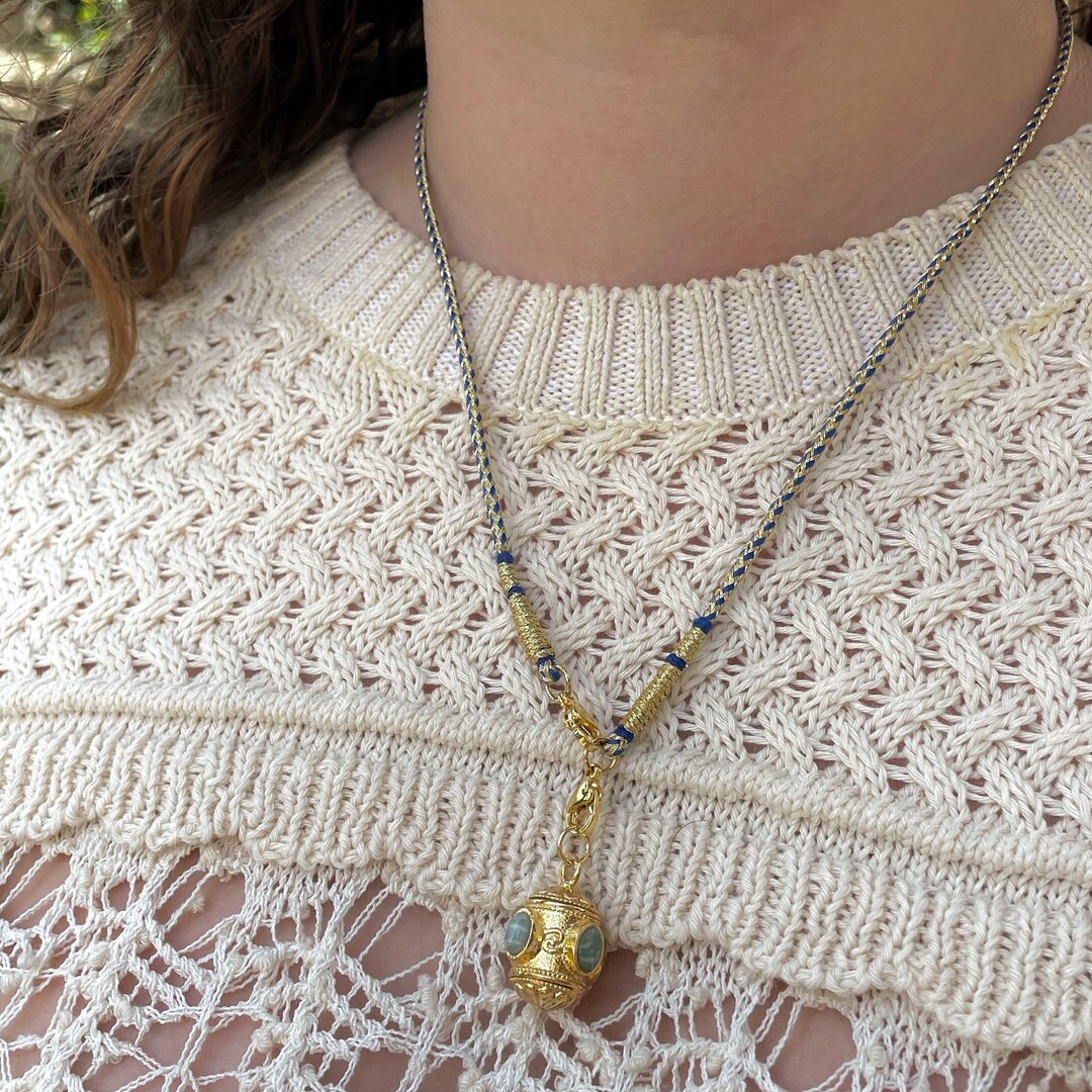 Indian Talisman Gold Plated Oval Amulet With Amazonite Gemstones Strung ...
