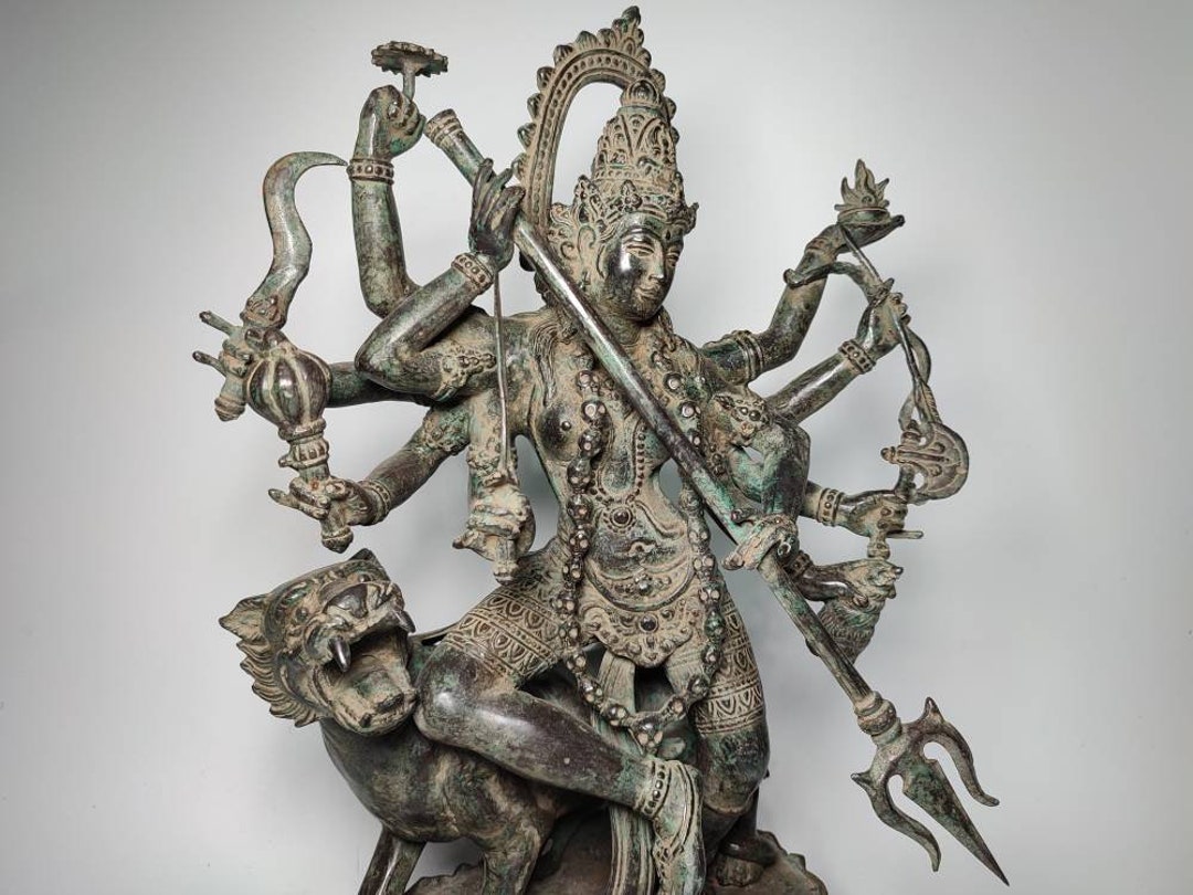 10 Armed Hindu Goddess Mahakali Standing on Roaring Lion Sculpture ...