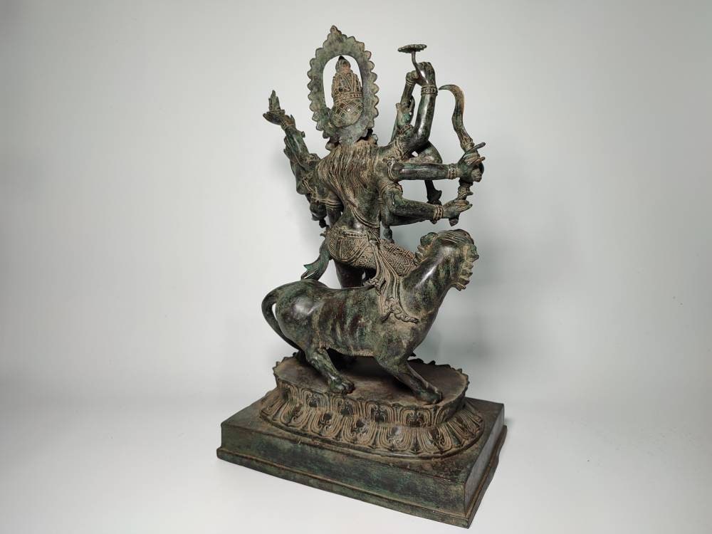 10 Armed Hindu Goddess Mahakali Standing on Roaring Lion Sculpture ...