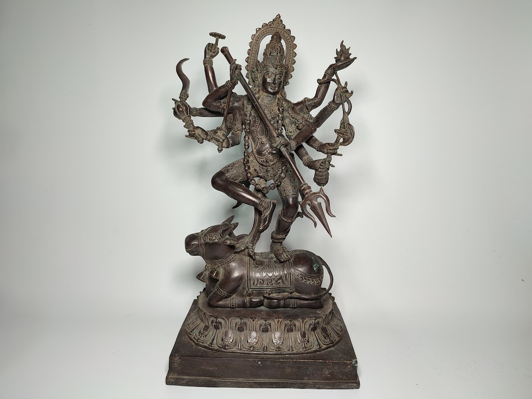 10 Armed Hindu Goddess Mahakali Standing on Nandi Sculpture Holding ...