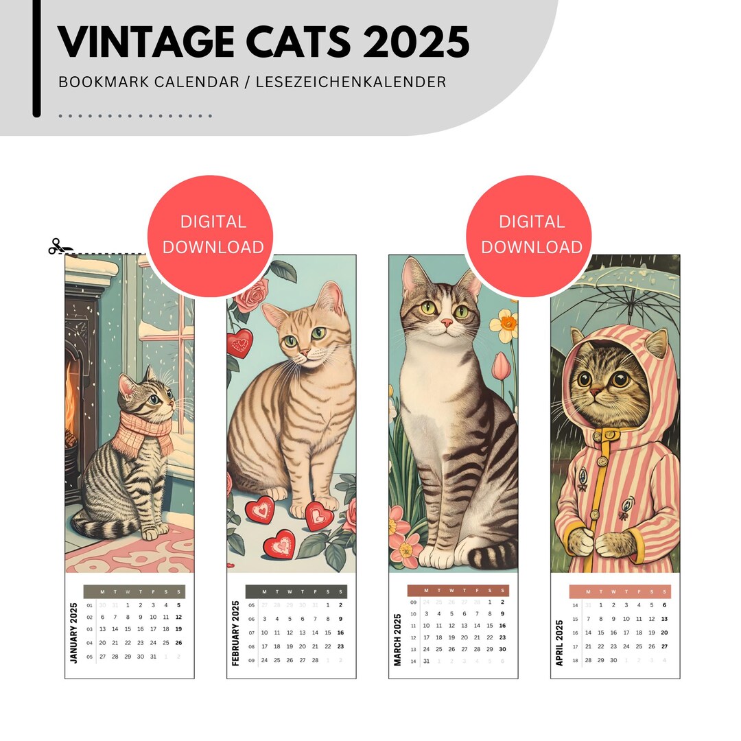 Vintage Cats Bookmark Calendar 2025 Cats in Retro Look for Do-it ...