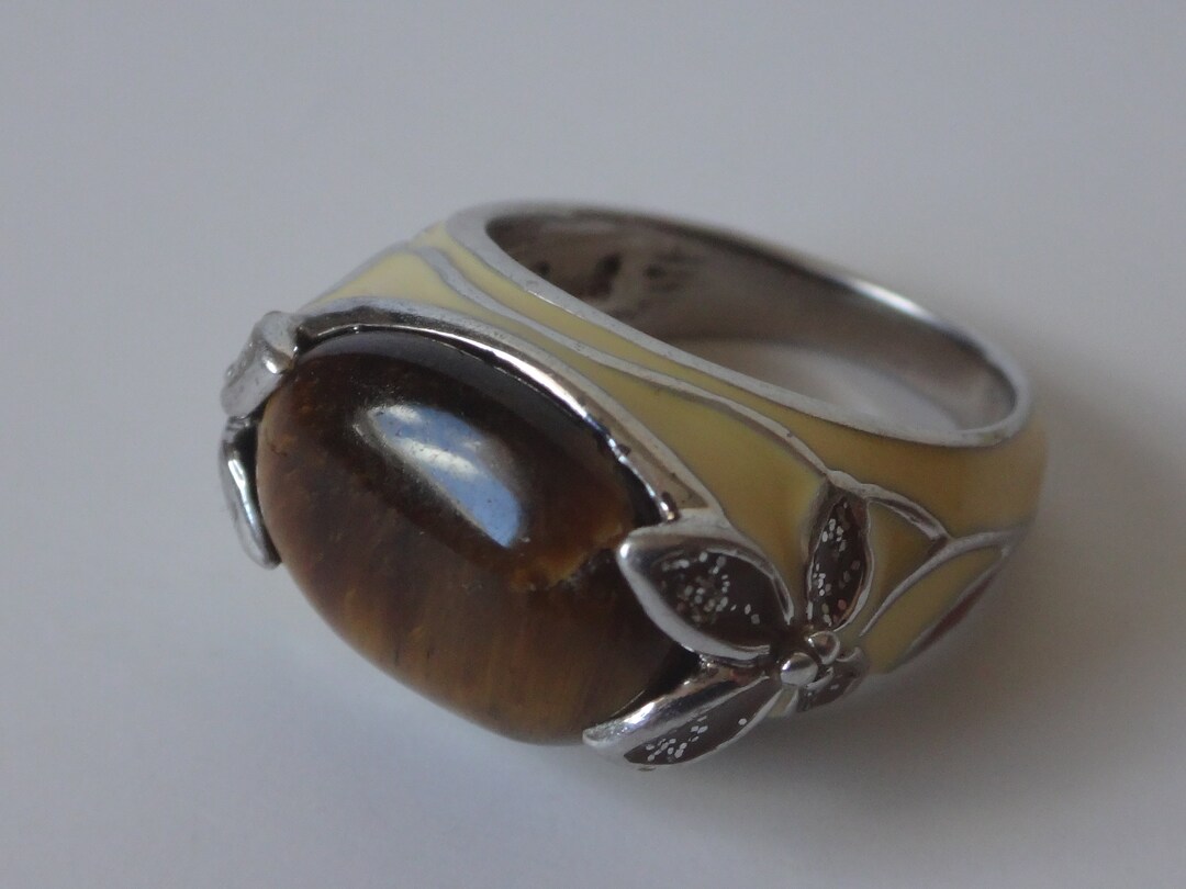 David Sigal Sterling Silver 925 Enamel Floral Design Shank Tiger Eye ...