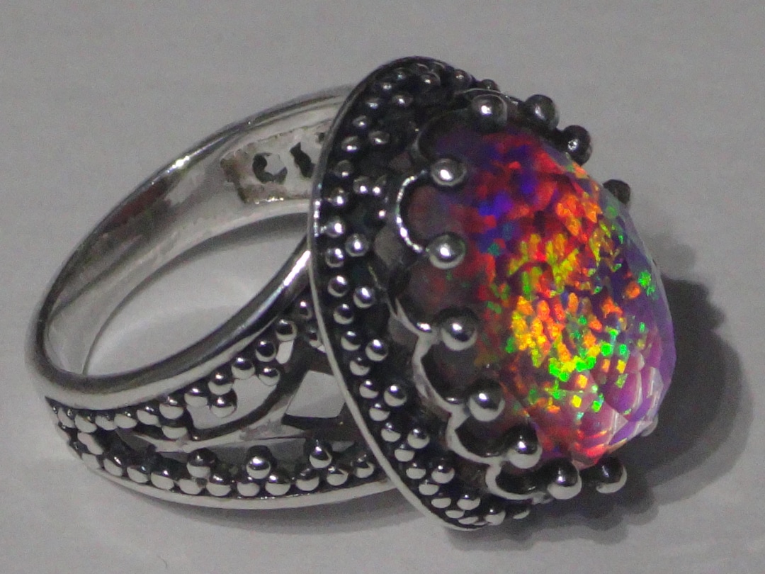 Sterling Silver Sajen Ring Opal and Faceted Quartz, Amazing Iridescent ...