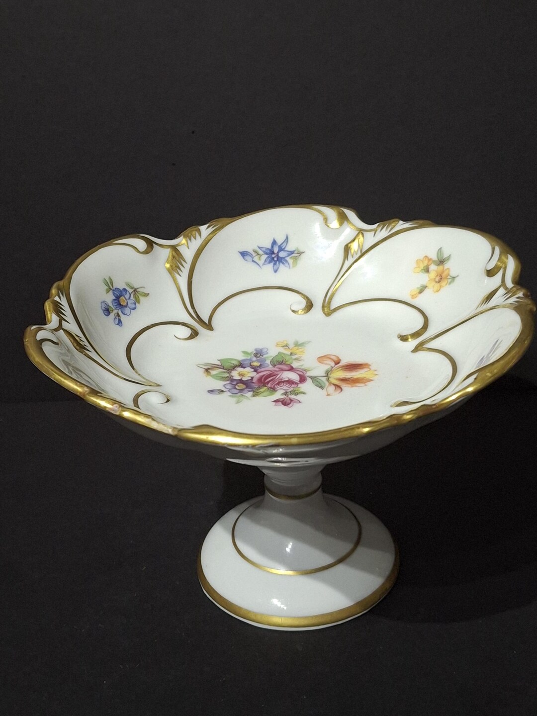 Vintage PM Porcelain Pedestal Compote: Hand-painted Floral Candy Dish ...