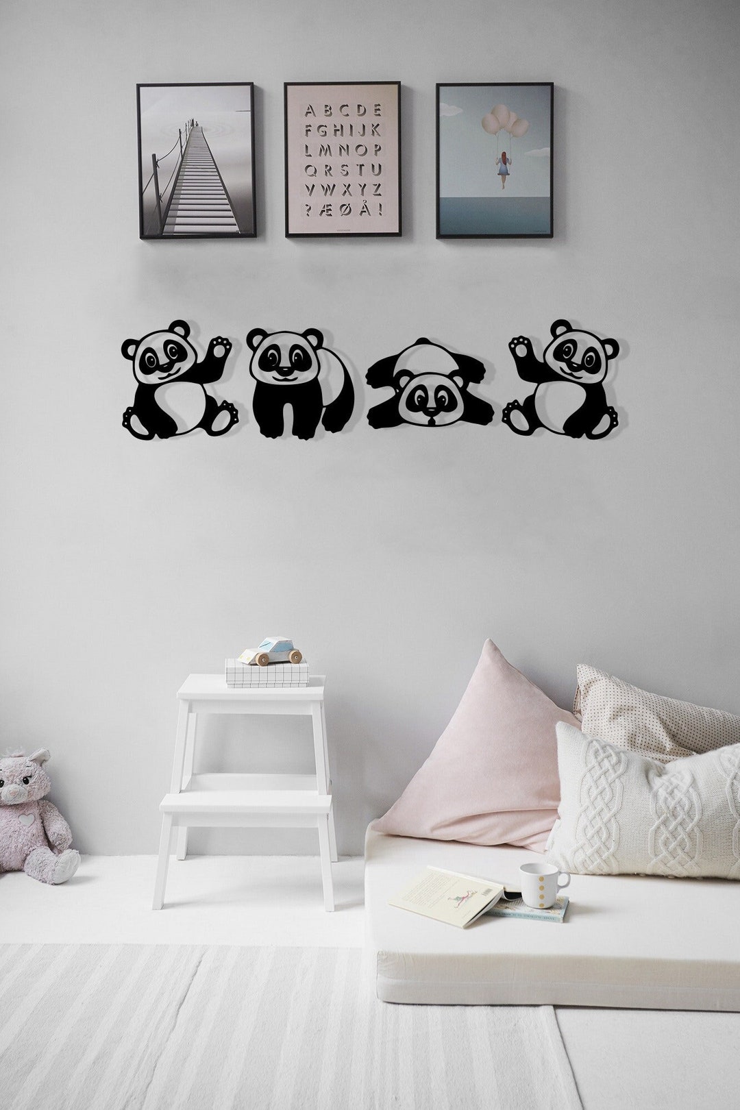 Cute Pandas Wood Wall Art Set, Geometric Nursery Panda Wall Decor Sign ...