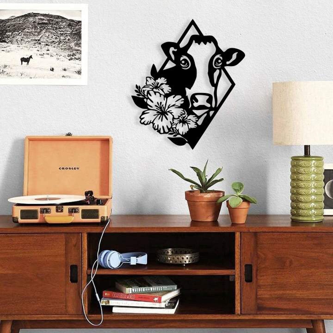 Floral Cow Wood Wall Art, Geometric Farm Cattle Wall Decor, 3D ...