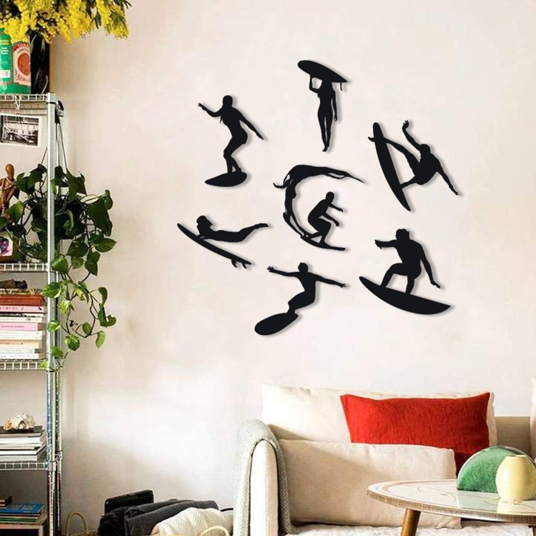 Surfing Wood Wall Art Set, Geometric Surfer Man Woman Wall Decor Sign ...