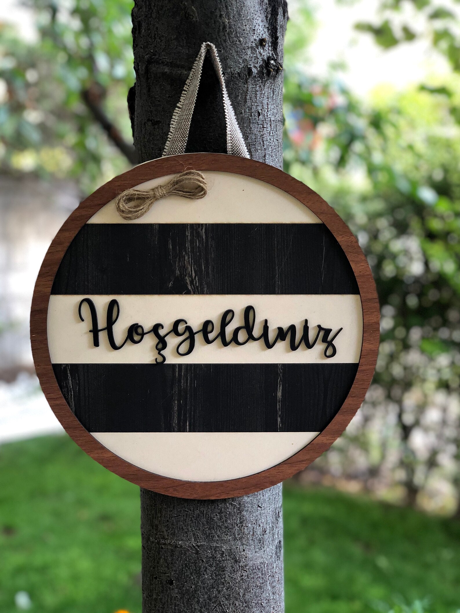 Custom Striped Door Sign With Jute Rope Ribbon Black | Etsy
