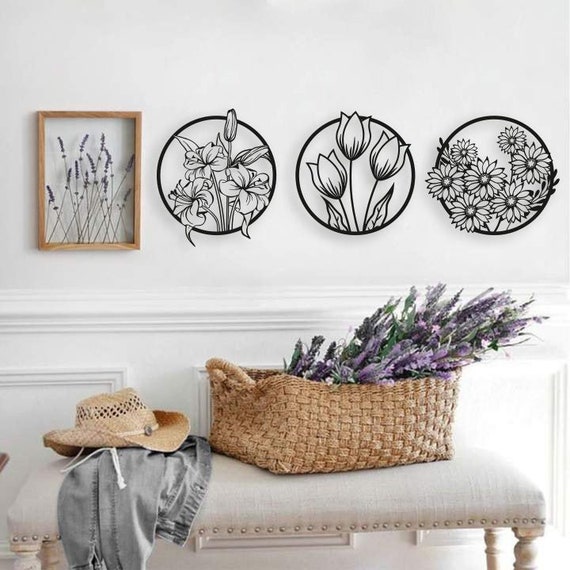 Flowers Circle Framed Wood Wall Art Elegan Flower Art Signs | Etsy