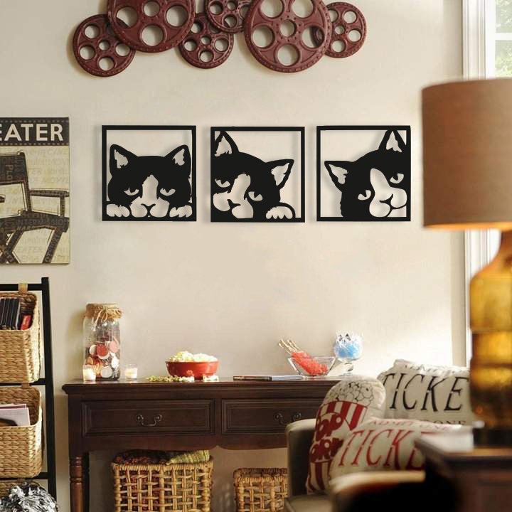 Framed Cats Wood Wall Art Set Wall Decor Geometric Cute Cat | Etsy