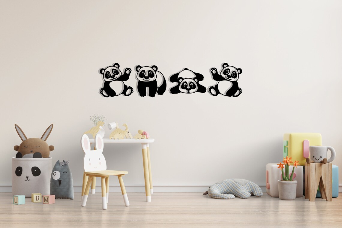 Cute Pandas Wood Wall Art Set Geometric Nursery Panda Wall | Etsy