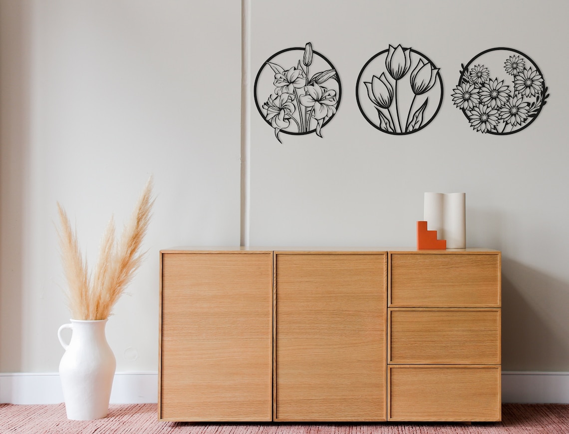 Flowers Circle Framed Wood Wall Art Elegan Flower Art Signs - Etsy