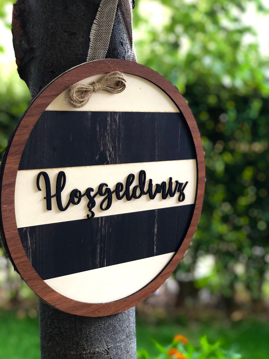 Custom Striped Door Sign With Jute Rope Ribbon Black | Etsy