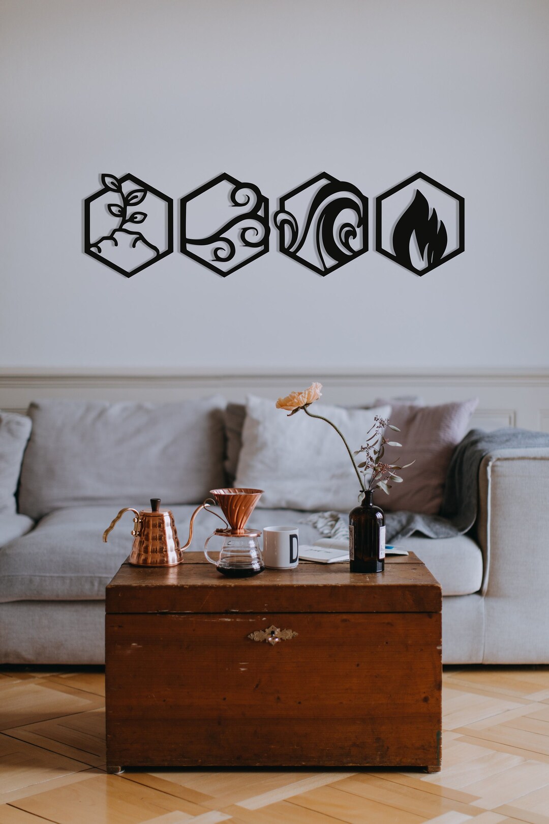 Hexagon Elements Wood Wall Art Set, Wall Decor Geometric Air Earth Fire ...