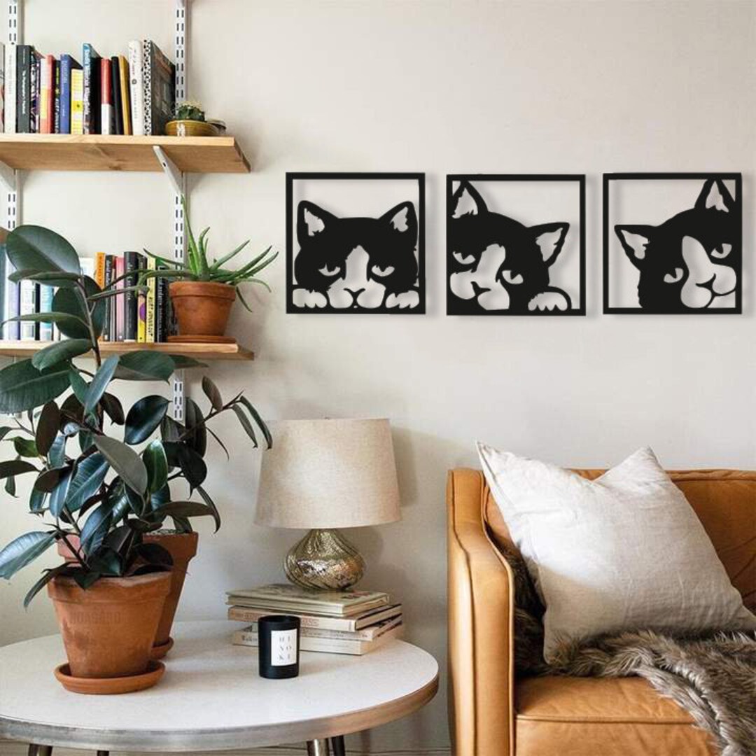 Framed Cats Wood Wall Art Set, Wall Decor Geometric Cute Cat Windows ...