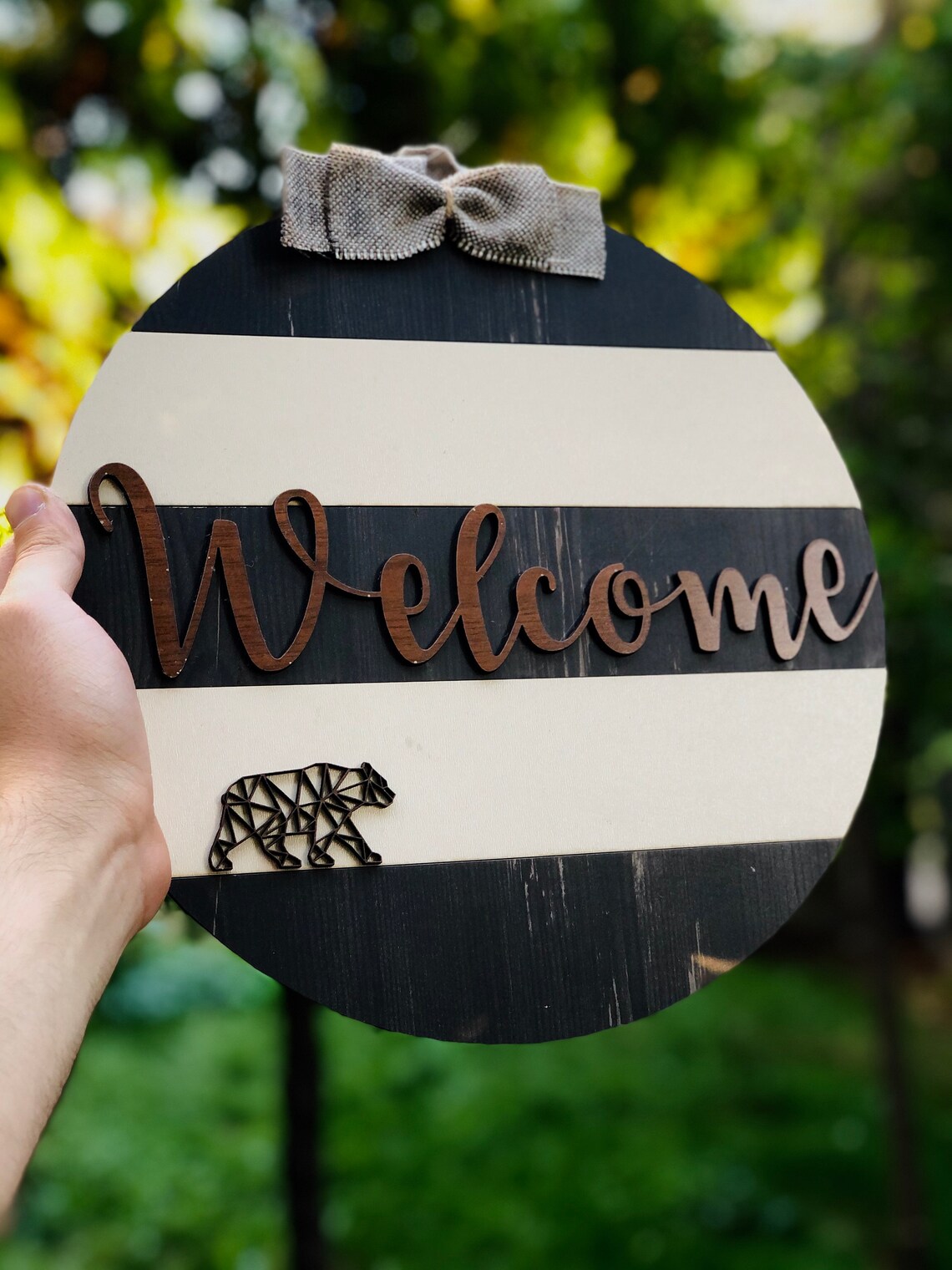 Custom Striped Wood Door Sign with Jute Ribbon and Bear | Etsy