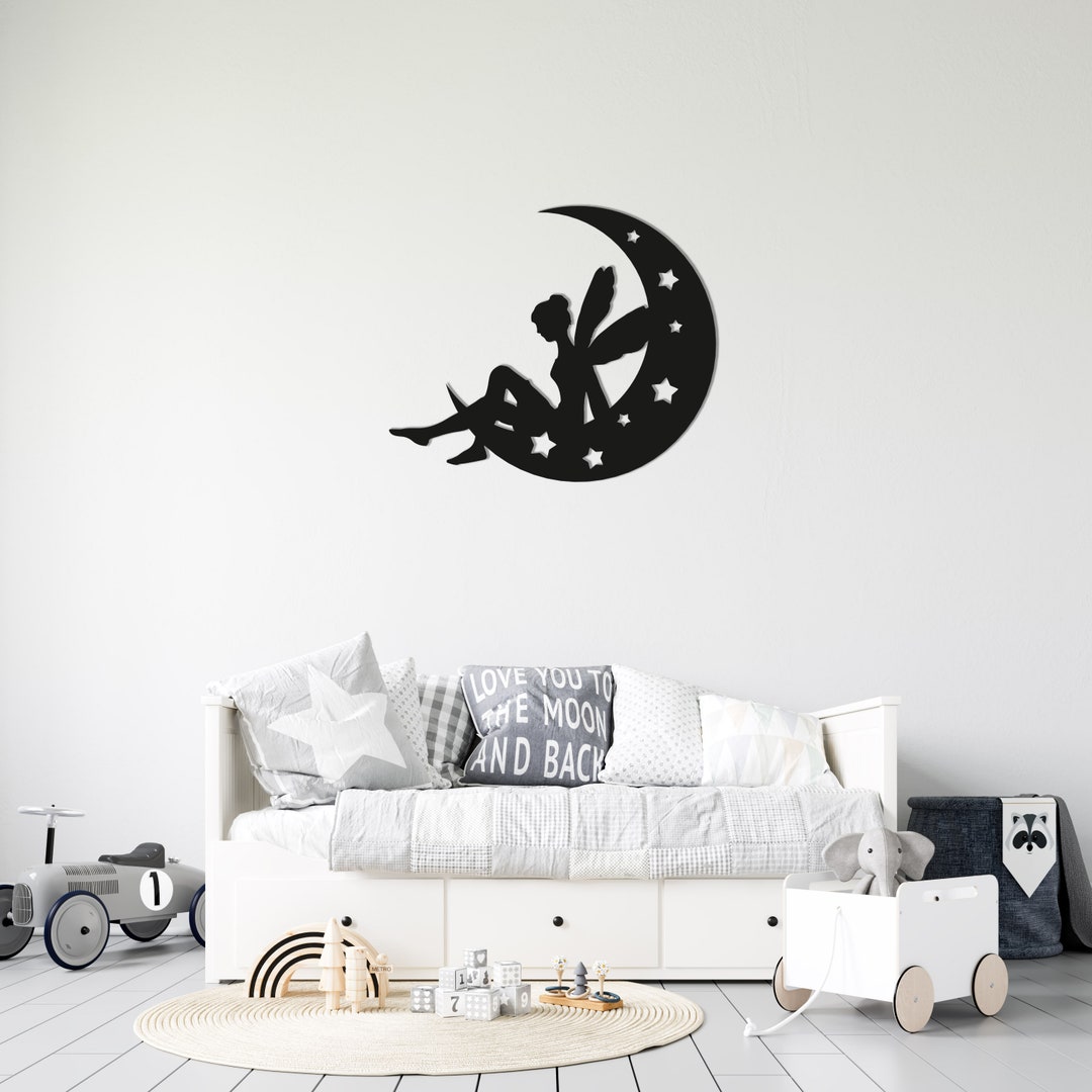 Tinkerbell Wood Wall Art, Geometric Wall Decor Fairy & Moon Figure, 3D ...
