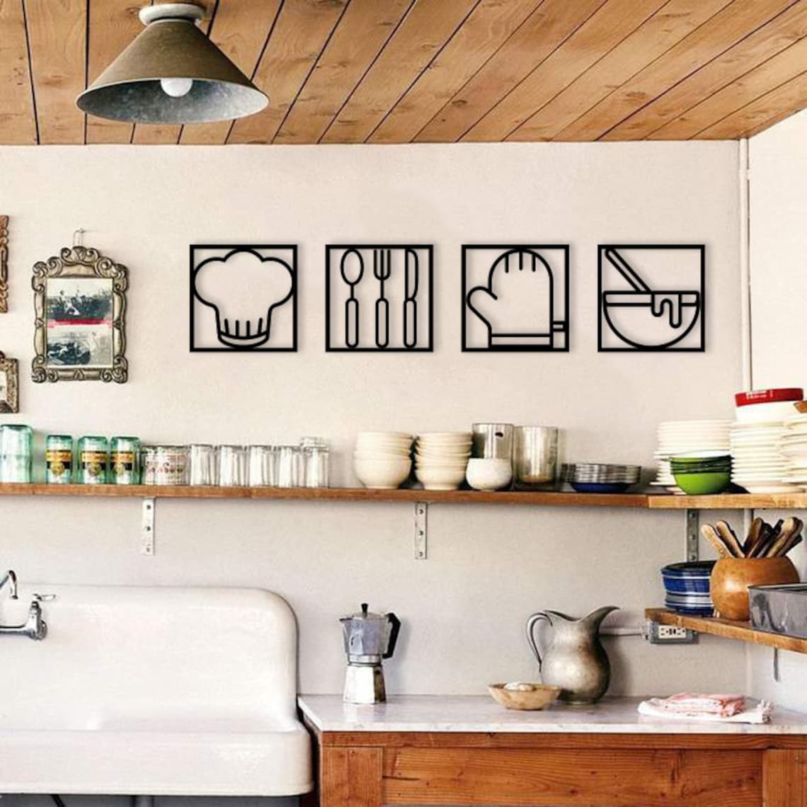 Kitchen Symbols Wood Wall Decor Sign Set Geometric Chef Hat & - Etsy